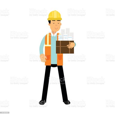 하드 모자와 구축 프로젝트 만화 벡터 일러스트 레이 션 상자를 들고 오렌지 조끼에 건설 엔지니어 건설업자에 대한 스톡 벡터 아트 및 기타 이미지 Istock