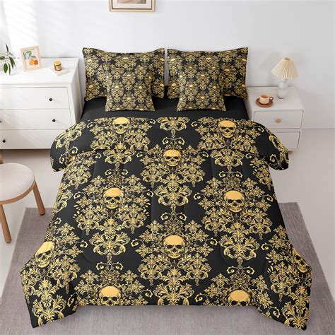 Feelyou Gold Black Damask Twin Bedding Sets 7 Piece For Women Gothic