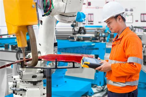 Maintenance Engineer Programing Automated Robotic At Industry 4 Stock
