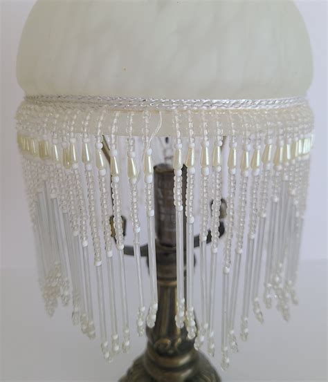 Vintage Frosted Glass Fringe Dome Beaded Shade Bedside Boudoir Accent