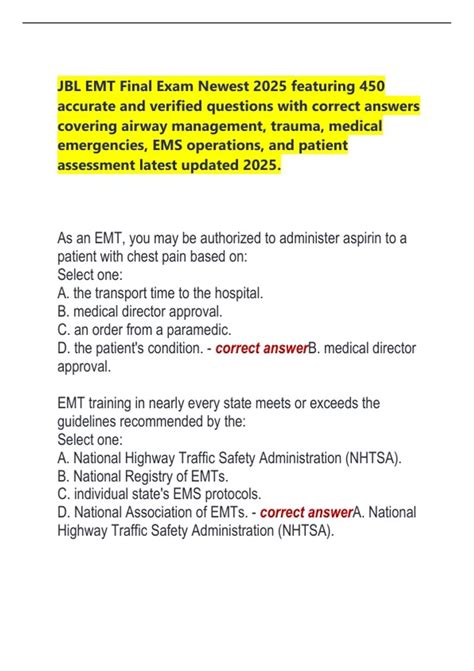 Jbl Emt Final Exam Newest Featuring Accurate And Verified Questions With Correct