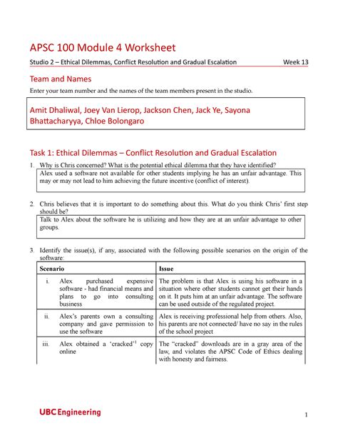 APSC 100 Studio APSC 100 Module 4 Worksheet Studio 2 Ethical Dilemmas Conflict Resolution