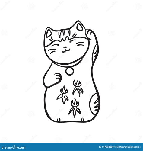 Hand Drawn Maneki Neko Lucky Cat Vector Black Ink Drawing Isolated On