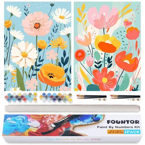 Fountor 2 Pack Paint By Numbers Kit For Adults Beginner Simple Flower