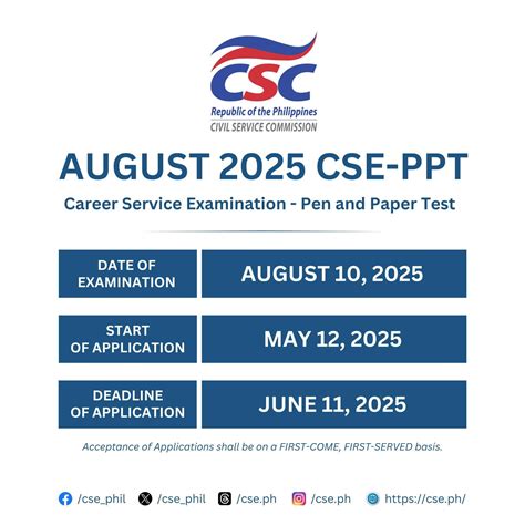 Lipa 𝗔𝗨𝗚𝗨𝗦𝗧 𝟮𝟬𝟮𝟱 𝗖𝗦𝗘 𝗣𝗣𝗧 𝗦𝗖𝗛𝗘𝗗𝗨𝗟𝗘 Date Of Exam Aug 10 2025 Start Of Application May 12