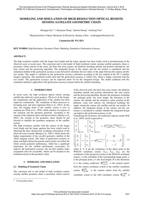 Pdf Modeling And Simulation Of High Resolution Optical Remote Sensing Satellite Geometric Chain