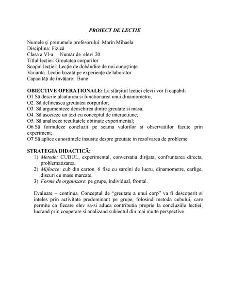 0 proiect de lectie vi Pedagogie PROIECT DE LECTIE Numele și