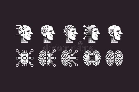 Black And White Simple Bit Pixel Art Set Of Artificial Intelligence