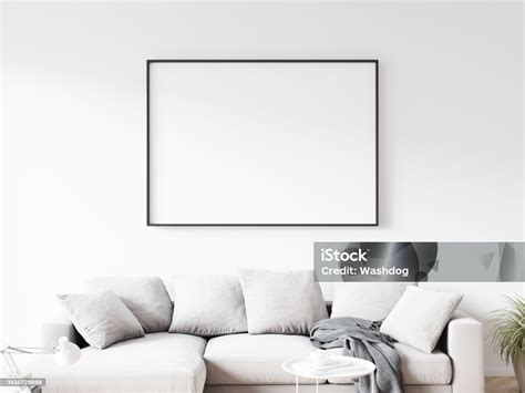 거실의 소파 위의 흰색 벽에 매달려 있는 얇은 검은색 테두리가 있는 수평 방향의 직사각형 그림 프레임 3d 그림입니다 0명에 대한 스톡 사진 및 기타 이미지 Istock