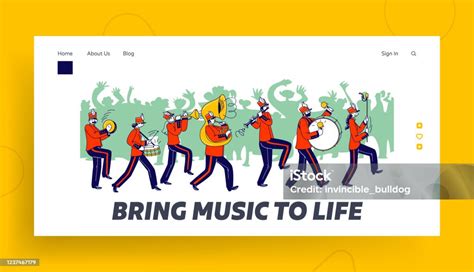 오케스트라 3 월 퍼레이드 방문 페이지 템플릿입니다 트롬본 탬버린 드럼 악기를 연주하는 축제 제복을 입은 오케스트라 캐릭터 또는