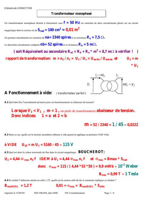 A Fonctionnement à vide transformateur parfait Donc indices 1