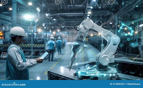 Worker Use Smart Devices To Control Robotic Arms For Production In Futuristic Factory Stock
