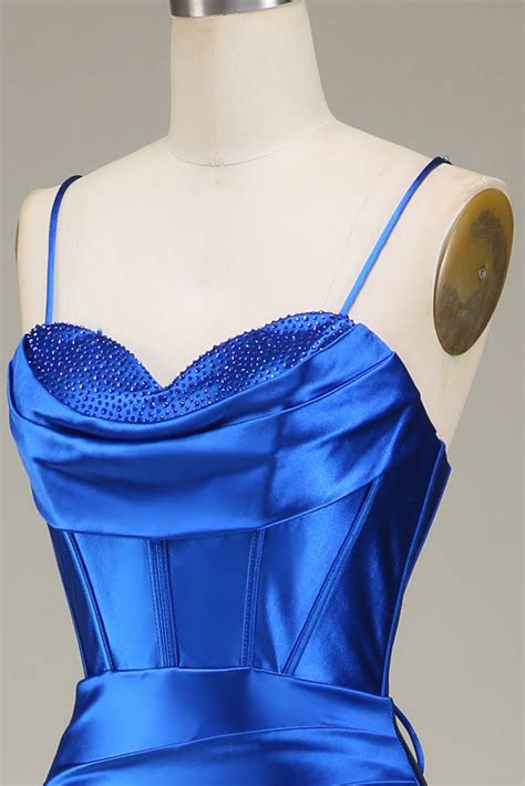 Zapaka Women Royal Blue Prom Dress Mermaid Spaghetti Straps Long Formal