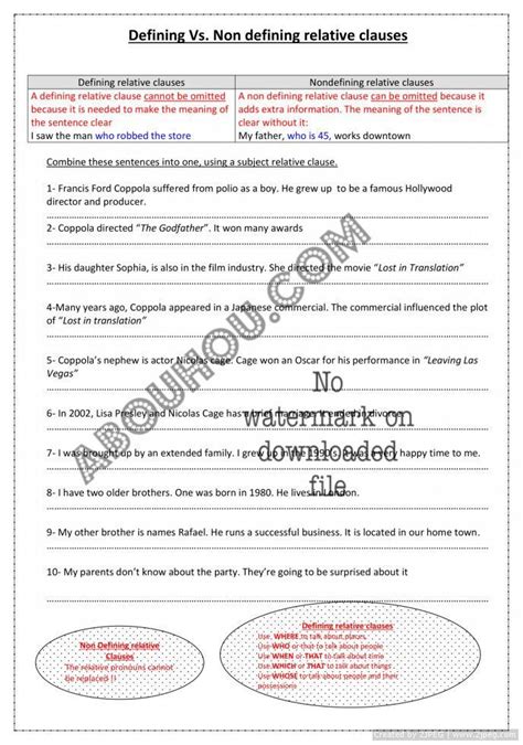 Defining Non Defining Relative Clauses Restrictive Non Restrictive Doc