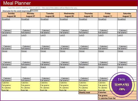 Meal Plan Excel Template Content Calendar Template