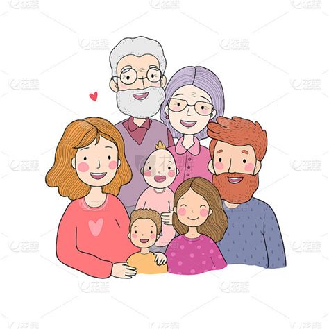 一个幸福的家庭。父母和孩子们。可爱的卡通爸爸，妈妈，女儿，儿子和宝宝。祖母和祖父。有趣的宠物猫和狗