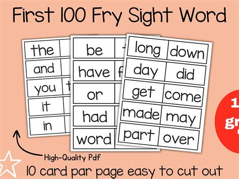 100 Printable Frys First Hundred Sight Word Flashcards Kindergarten