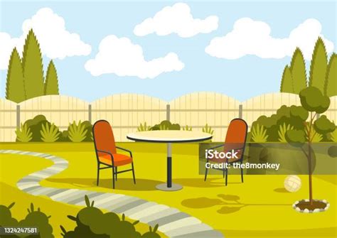 파티오 지역에는 만화 테이블과 의자가 있습니다 녹색 잔디와 맑은 안뜰 지역 야외 만화 뒤뜰 배경 벡터 일러스트레이션 울타리에 대한 스톡 벡터 아트 및 기타 이미지 Istock