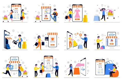 Premium Vector Mobile Shopping Concept With Tiny People Scenes Set In
