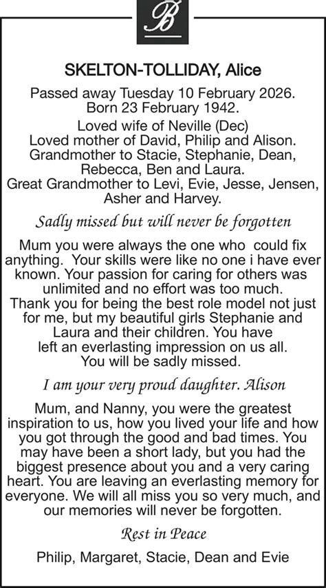 Skelton Tolliday Alice Tributes And Funerals The Courier Ballarat Vic