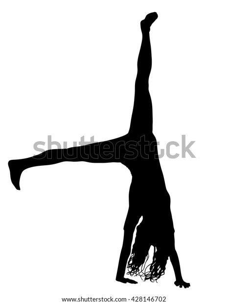 Young Girl Doing Cartwheel Exercise Sport Woman In Handstand Position