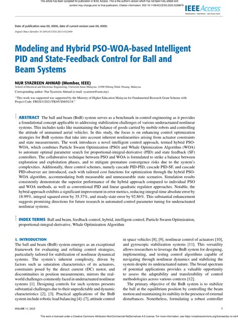 Pdf Modeling And Hybrid Pso Woa Based Intelligent Pid And State Feedback Control For Ball And