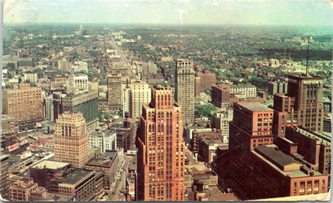 Downtown Detroit Birds Eye Aerial Circa 1950s Postcard United States