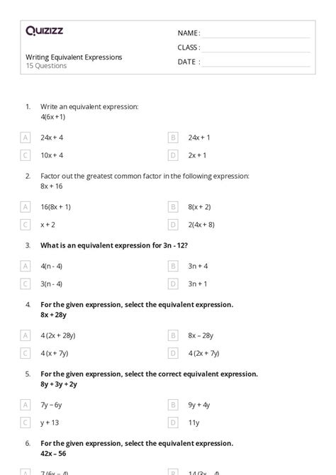 50 Equivalent Expressions Worksheets For 6th Class On Quizizz Free