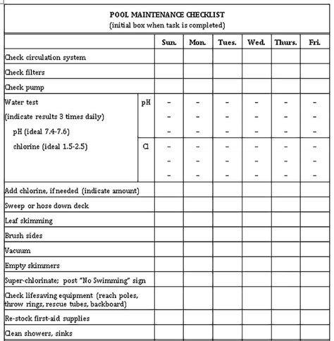 Pool Maintenance Schedule Template