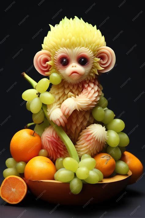 Premium Photo A Monkey Sits On A Plate With A Bunch Of Fruit In The