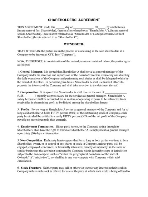 Shareholder Agreement Template 1pdf Stocks Sales
