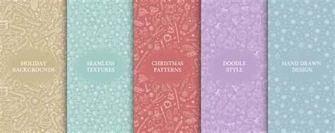 벡터 원활한 크리스마스 패턴의 세트 손으로 그린 디자인 세련 된 컬러 풀 한 드로잉 텍스처 낙서 스타일의 휴일 끝없는 귀여운 배경 개체 그룹에 대한 스톡 벡터 아트 및 기타