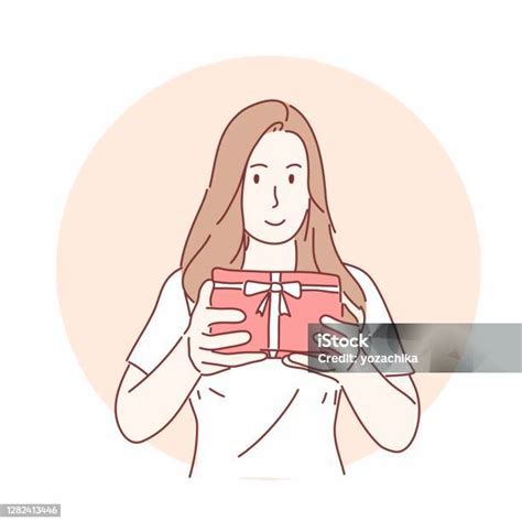 선물 상자를 들고 행복한 여자 손으로 그린 플랫 캐릭터 스타일 기념일에 대한 스톡 벡터 아트 및 기타 이미지 기념일 낮