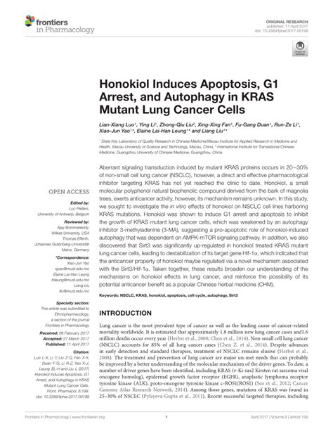 Pdf Honokiol Induces Apoptosis G1 Arrest And Autophagy In Kras