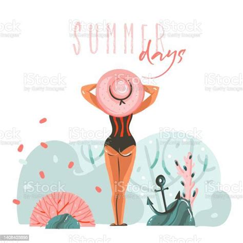 손으로 그린 벡터 추상 만화 여름 시간 그래픽 일러스트 템플릿 카드 여자 해변 및 현대적인 인쇄 술에 여름 일 흰색 배경에 고립 계절에 대한 스톡 벡터 아트 및 기타 이미지