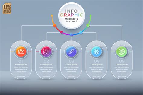 인포 그래픽 비즈니스 템플릿 다채로운 벡터 디자인 라운드 아이콘 5 옵션 또는 유리 투명도 스타일의 단계 마케팅 프로세스 워크플로 프레젠테이션 레이아웃 순서도 인쇄 광고에