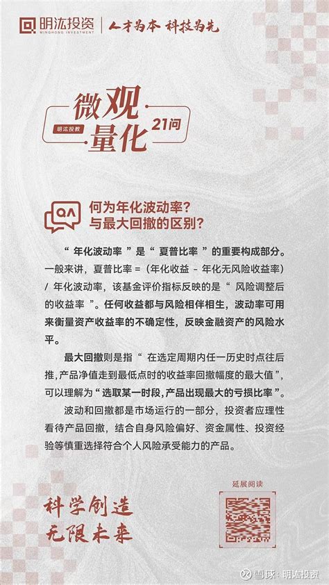 明汯投教 何为年化波动率？与最大回撤的区别？ 如何区分和理解年化波动率和最大回撤？“年化波动率”是“夏普比率”的重要构成部分。一般来讲