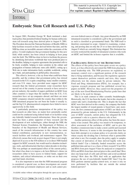 Pdf Embryonic Stem Cell Research And Us Policy