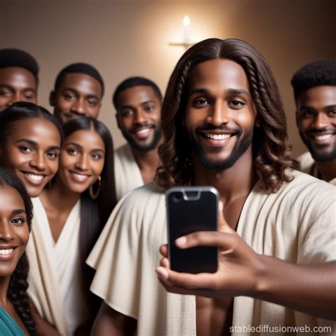 Black Jesus With Ethnic Hair Smiling In A Selfie Holding The Phone That
