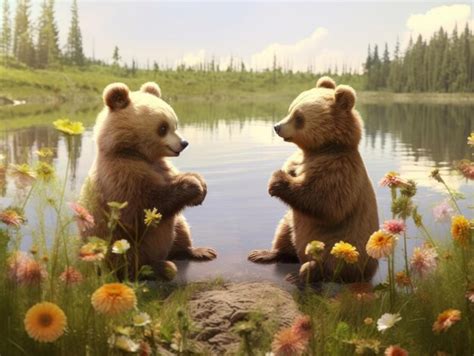 Premium Ai Image Two Bear Cubs Play Together In A Meadow With Flowers And A Lake