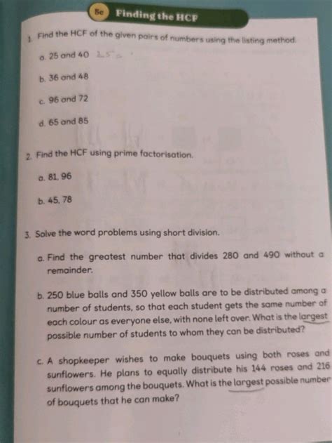 5c Finding The Hcp 1 Find The Hcf Of The Given Pairs Of Numbers Using