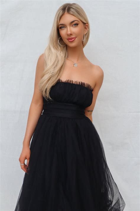 Maria Tulle Midi Cute Chic Strapless Tulle Formal Black Dress