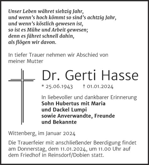 Traueranzeigen Von Gerti Hasse Abschied Nehmende