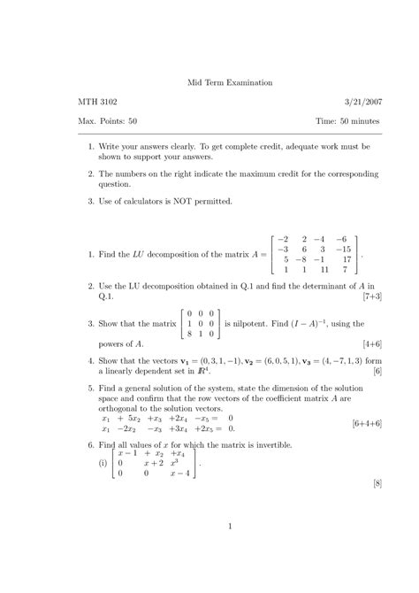Midterm Exam Unsolved Questions Linear Algebra Mth 3102 Docsity