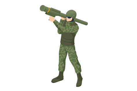아이소메트릭 특수부대 군인 경찰 스와트 팀원 흰색 배경에 휴대용 지대공 미사일을 가진 육군 병사 군대 군대 및 사람 개념 벡터에