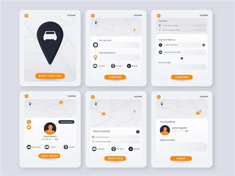 6가지 옵션의 온라인 택시 예약 앱 Ui Ux 또는 템플릿 디자인 프리미엄 벡터