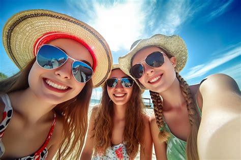 Premium Photo Three Girls On A Beach Wearing Sunglasses And Hats