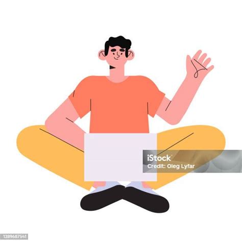 노트북 앉아 손을 흔들어 인사와 환영을 가진 남자 직장에서 프리랜서 공부 교육 또는 직장에서 일하는 개념 그림 플랫 만화