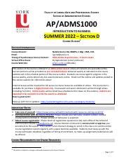 ADMS 1000 Course Outline SU22 Section D N Guriel Pdf FACULTY OF