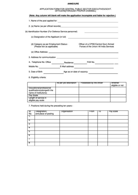 Annexure Application Form For Central Public Sector Executives Govt Officers Printable Pdf Download